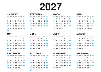 Calendar 2027 template- planner 20267 year Vector Image