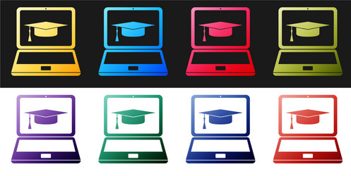 Black and white graduation cap laptop icon Vector Image