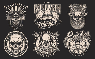 Holiday skulls set colorful stickers Royalty Free Vector