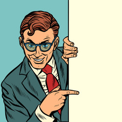 Businessman climbs stairs man points to copy Vector Image