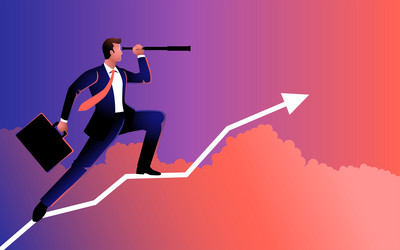 Businessman using telescope on a graph chart with Vector Image