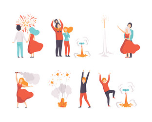 People characters launching and watching explosion