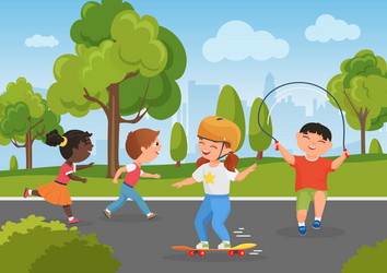 Cartoon children play in summer park or garden Vector Image