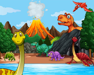 Cartoon dinosaurs drinking water from river Vector Image