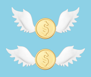 3d flying golden coins with wings isolated Vector Image