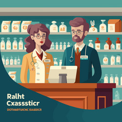 Pharmacist working in a drugstore and spaces Vector Image