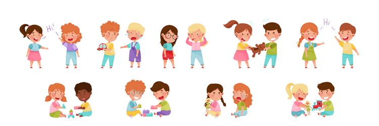 Friendly little kids sharing toys and socializing Vector Image