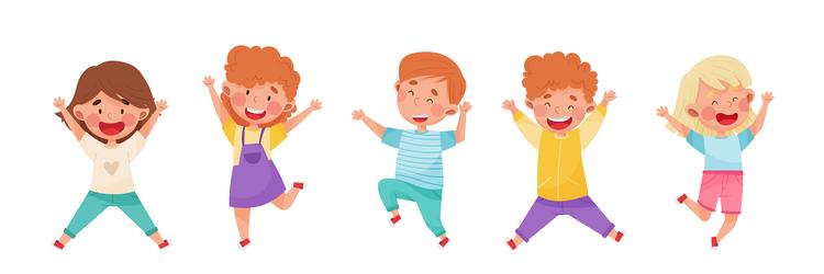 Happy kids jumping with hands raising up cheering Vector Image