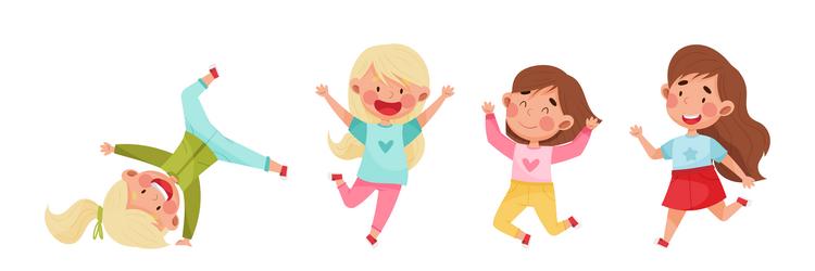 Happy kids jumping with hands raising up cheering Vector Image