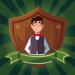 Man waiter with uniform in shield ribbon Vector Image