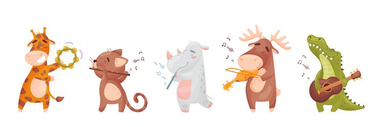 Cute animals playing musical instrument performing
