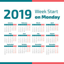 Simple 2019 year calendar Royalty Free Vector Image