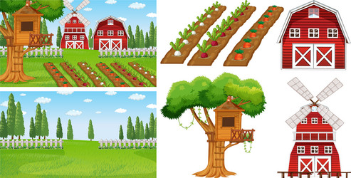 Farm element set isolated with scene Royalty Free Vector