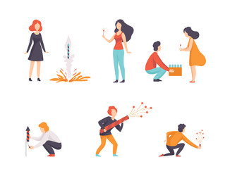 People characters launching and watching explosion