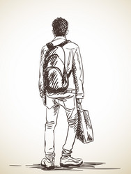 Sketch walking man from back hand drawn Royalty Free Vector