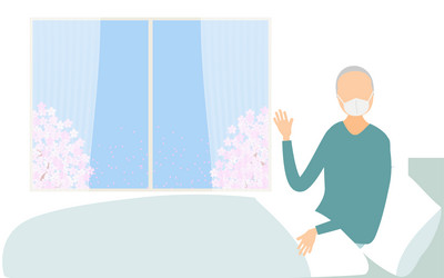 Inpatient man getting up in bed for online visit Vector Image