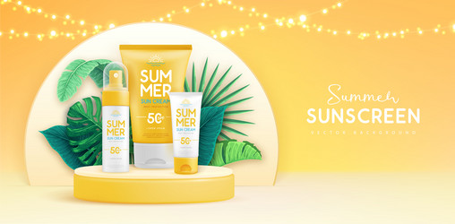 Summer background with 3d set of sunscreen tubes Vector Image
