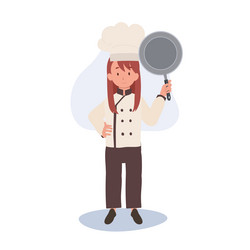 Cute child chef in chefs hat and apron is showing Vector Image