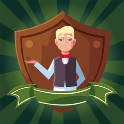 Man waiter with uniform in shield ribbon Vector Image