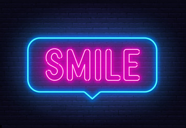 Smile often neon lettering on brick wall Vector Image