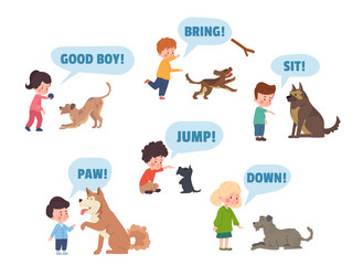 Child commands his dog to bring stick flat cartoon