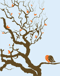 Tree branch with bird cage and beautiful birds Vector Image