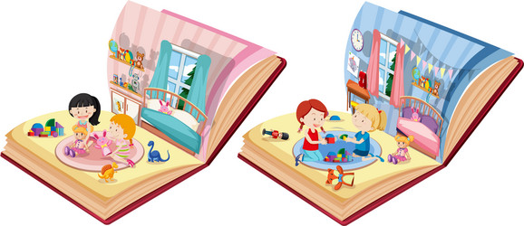 Scene with many kids reading in room Royalty Free Vector