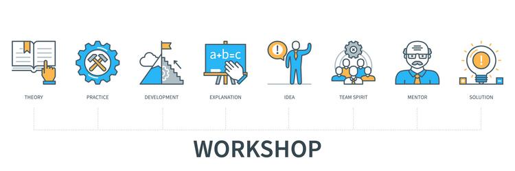 Workshop icons set with description Royalty Free Vector