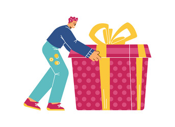 Cartoon man opens huge gift box with bow Vector Image
