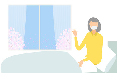 Inpatient woman getting up in bed for online visit