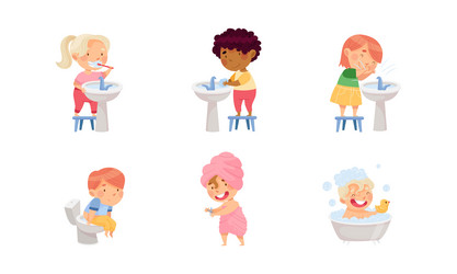 Little kids having bathroom and toilet procedure Vector Image