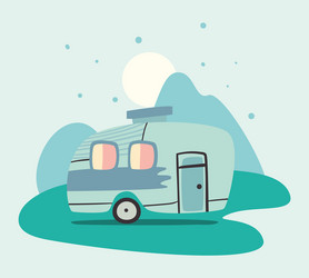 Blue camper trailer at landscape design Royalty Free Vector