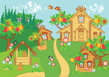 Farm scene with farmhouse and big apple tree Vector Image