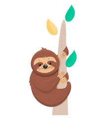 Joyful cute cartoon sloth hanging on a branch Vector Image