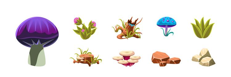 Fantasy landscape elements and plants set Vector Image