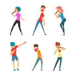 Woman rock and pop singer with microphone singing Vector Image