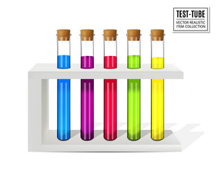 Colored liquids in five test tubes isolated over Vector Image