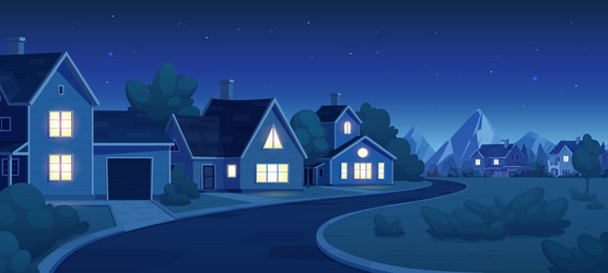 Cartoon suburban town street at night Royalty Free Vector