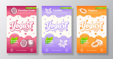 Exotic tropical fruits yogurt label templates set Vector Image