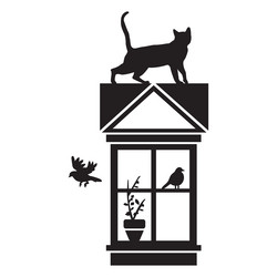 Rectangular open window cat bird scene Royalty Free Vector