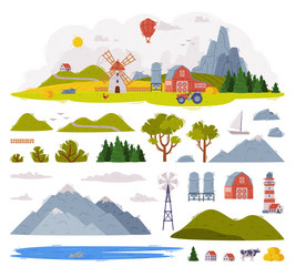 Rural landscape elements with mountain field Vector Image