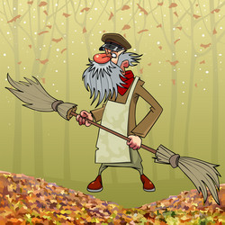 Cartoon janitor stands with a broom and angrily Vector Image