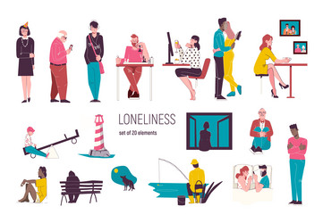 Loneliness psychology concept set lonely people Vector Image