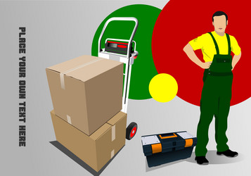 Male contractor with plastic box full for tools Vector Image