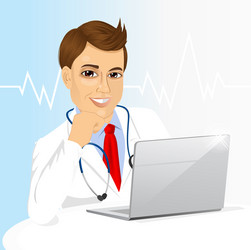 Young doctor using his laptop computer Royalty Free Vector