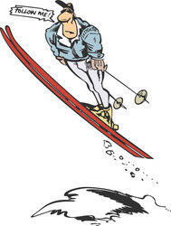 Cartoon alpine skier races extreme hill with icebe