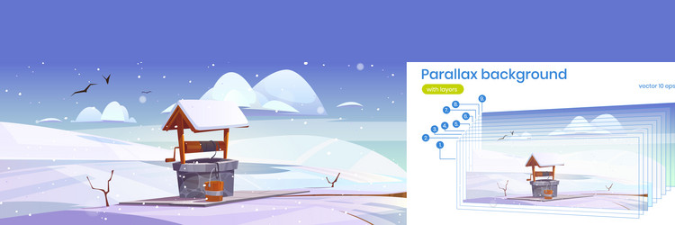 Parallax background winter 2d landscape stone well