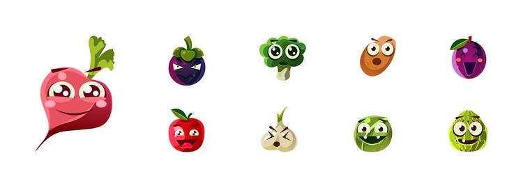 Funny fruit and vegetable characters with faces Vector Image
