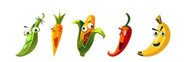 Funny fruit and vegetable characters with faces Vector Image