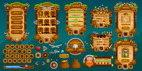 Game ui elements with gold frame in medieval style